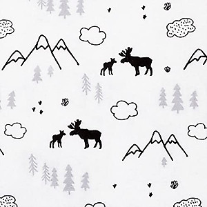 Lumberjack Moose Deluxe Flannel Fitted Crib Sheet-Moose and Mountain Print, Cotton Flannel, Black, Gray, White, Fully Elasticized, 10 in Deep Pockets, Fits Standard Crib Mattress 28 in x 52 in
