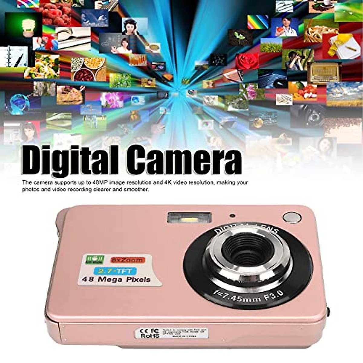 4K Digital Camera, 2.7in LCD Display, Vlogging Camera, 8X Zoom, 48MP, Rechargeable Mini Camera, with Fill Light, Anti Shake, for Photography Continuous Shooting (Pink)