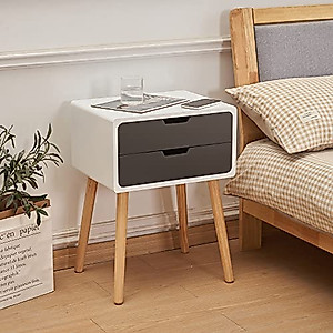Mid Century Modern Nightstand Set of 2 Wood End Table Bedroom Bedside Table with 2 Drawers Solid Wood Feet Boho Grey Minimalist Clearance Nightstands Bed Side Tables Bedroom Grey and White