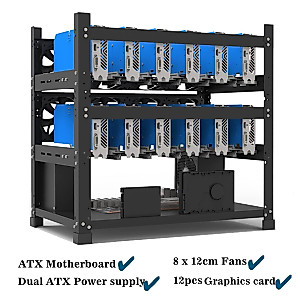 Mining Rig Frame for 12GPU, Steel Open Air Miner Mining Frame Rig Case, Support to Dual Power Supply for Crypto Coin Currency Bitcoin ETH ETC ZEC Mining Tools - Frame Only, Fans & GPU is not Included