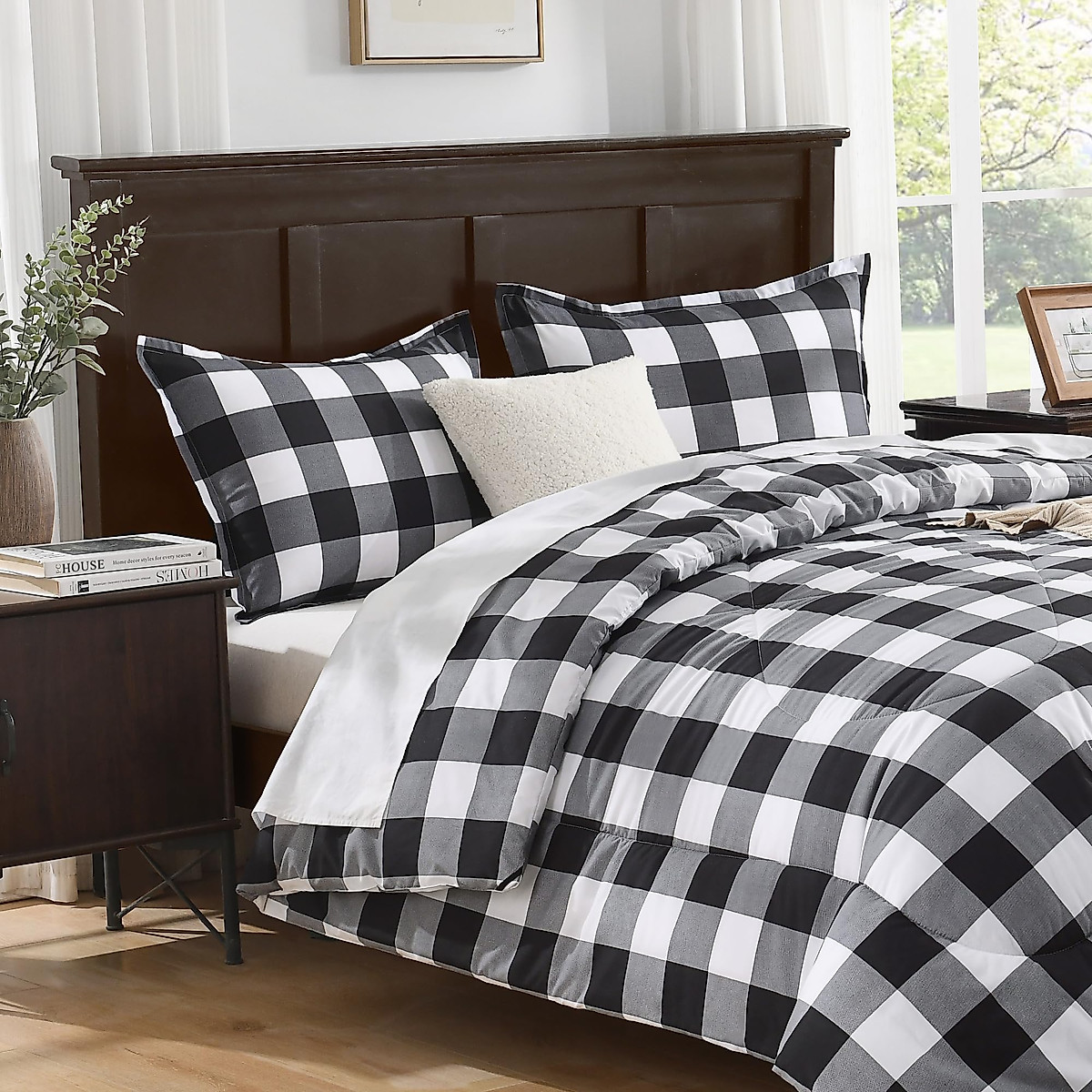 Andency Black Plaid Comforter Set Twin Size (66x90 Inch), 2 Pieces (1 Gingham Comforter and 1 Pillowcase), Summer Lightweight Microfiber Buffalo Check Down Alternative Comforter Set for Kids Boys
