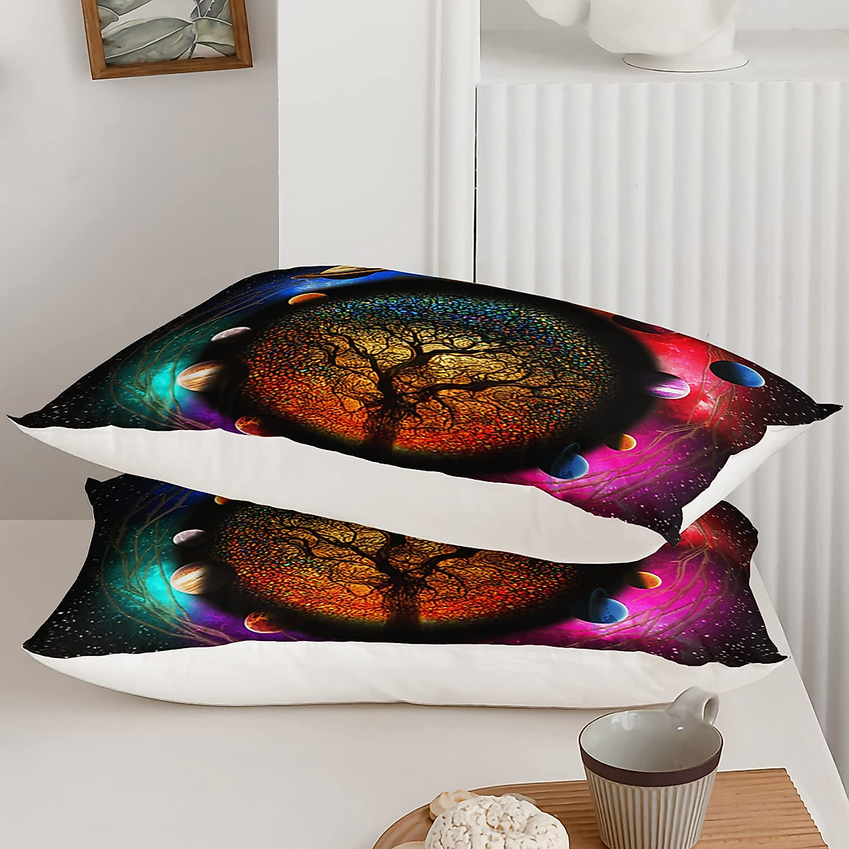 AILONEN Space Duvet Cover Set Queen Size, Tree of Life Planet Style Bedding Set-Galaxy Starry Theme Breathable Comforter Cover 3-Piece-Set, 1 Quilt Cover and 2 Pillowcases