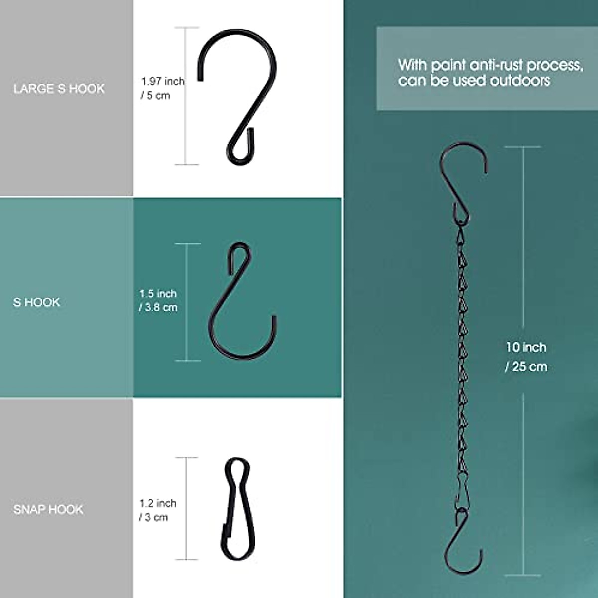 Fetanten Plant Hanging Chains, 10 Inch Metal Hanging Basket Chain with S Hook for Bird Feeders Lanterns Wind Chimes Billboards Photo and Indoor Outdoor Decorative (Black, 10 PCS)