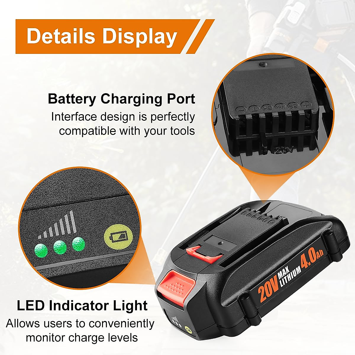 Ahomtikk 2 Packs 20V 4.0Ah Lithium Battery Replacement for Worx 20 Volt Batteries WA3525 WA3578 WA3575 WA3520 Compatible with Worx 20V Cordless Power Tools Battery Charger