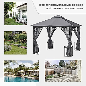 Outsunny 10' x 10' Patio Gazebo, Double Roof Outdoor Gazebo Canopy Shelter with Netting, Steel Corner Frame for Garden, Lawn, Backyard and Deck, Dark Gray