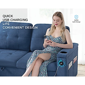 AMERLIFE 84 Inch Pull Out Couch, Tufted Sofa Bed with 2 USB Sockets & Cup Holders, L Shape Sectional Sleeper Sofa Bed with Storage Chaise- Linen Blue