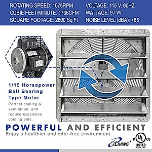 iLIVING 18" Wall Mounted Shutter Exhaust Fan, Automatic Shutter, with Thermostat and Variable Speed controller, 0.85A, 1736 CFM, 2600 SQF Coverage Area Silver (ILG8SF18V-ST)