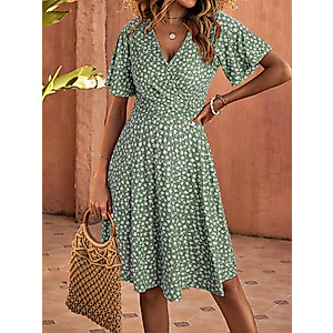 FENSACE Women's Casual Dresses Fit and Flare Green Floral Dress(Floral-32,Large)