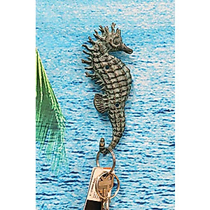 Ebros Verdigris Coastal Marine Ocean Nautical Seahorse Single Wall Mounted Brass Coat Hook Figurine Nautical Sea Life Metal Hangers or Hooks Decor Sculpture Seahorses Coral Reef Creatures (2)