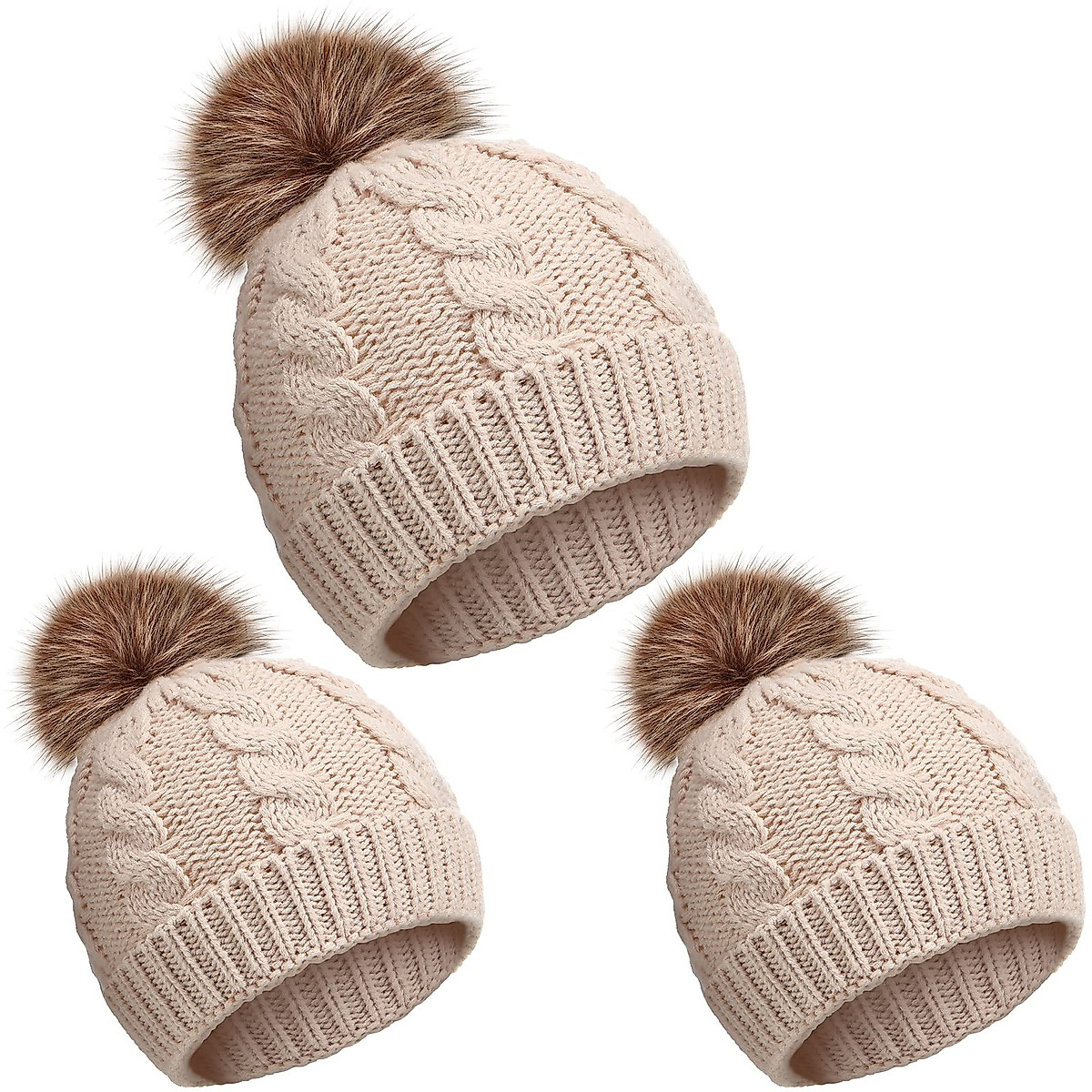 3 Pcs Parent Child Hat Knitted Baby Beanie Mother Daughter Hat Warm Knit Hat Pom Pom Parent Baby Beanie Hats for Winter (Beige)