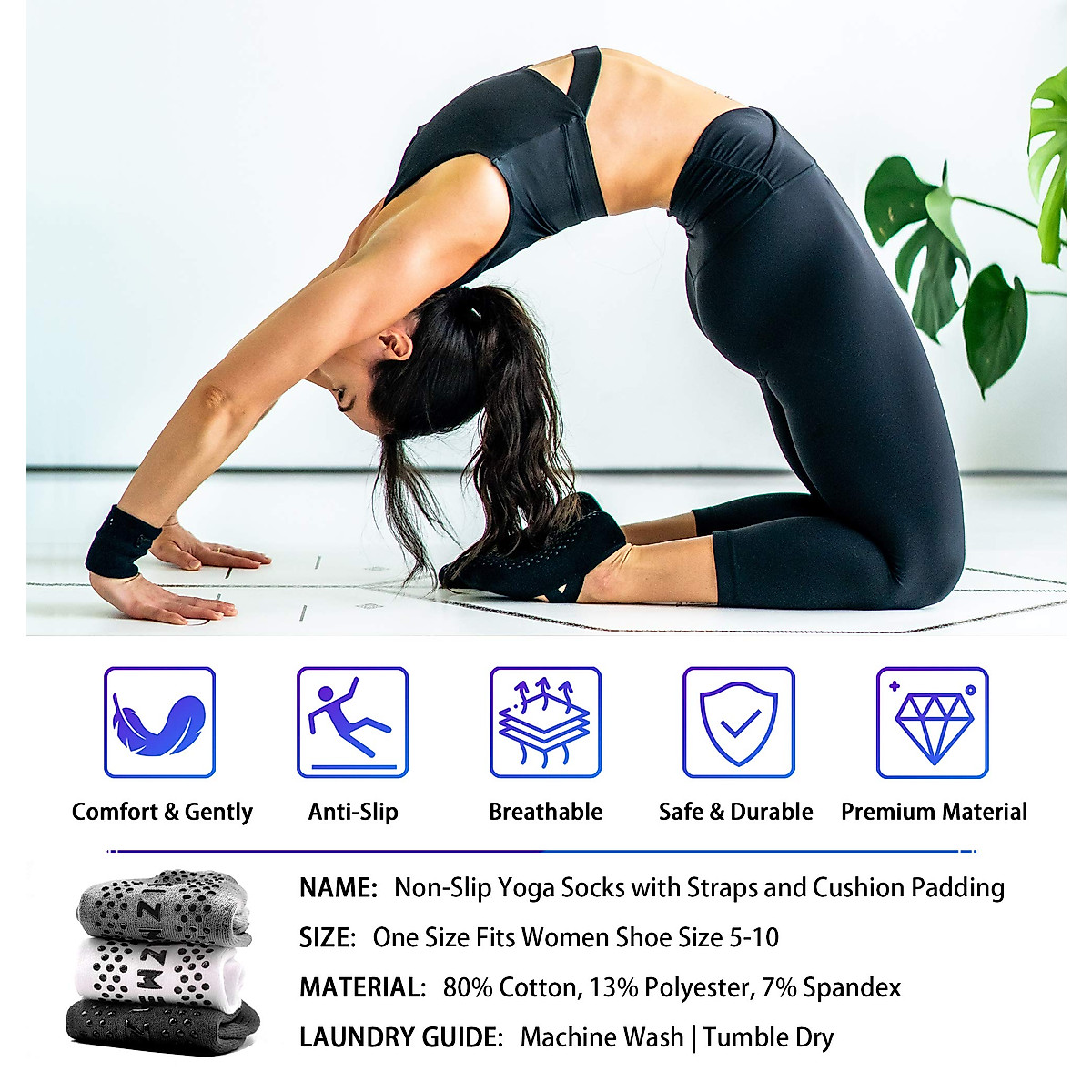 NEWZILL Yoga Socks for Women Non-Slip Grips & Straps, Ideal for Pilates, Pure Barre, Ballet, Dance, Barefoot Workout (3 Pairs-White/Red/Pink)