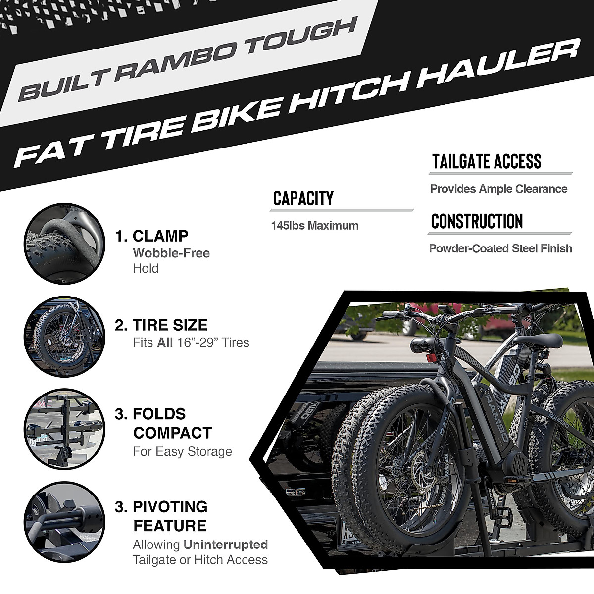 Rambo Bikes Fat Tire Electric Bike Hauler - Bike Rack Hitch Style 2-Bike Carrier - 145lbs Max Capacity, Fits 16"-29" Tire Sizes, Easy Tailgate or Hitch Access - Folds Compact for Easy Storage