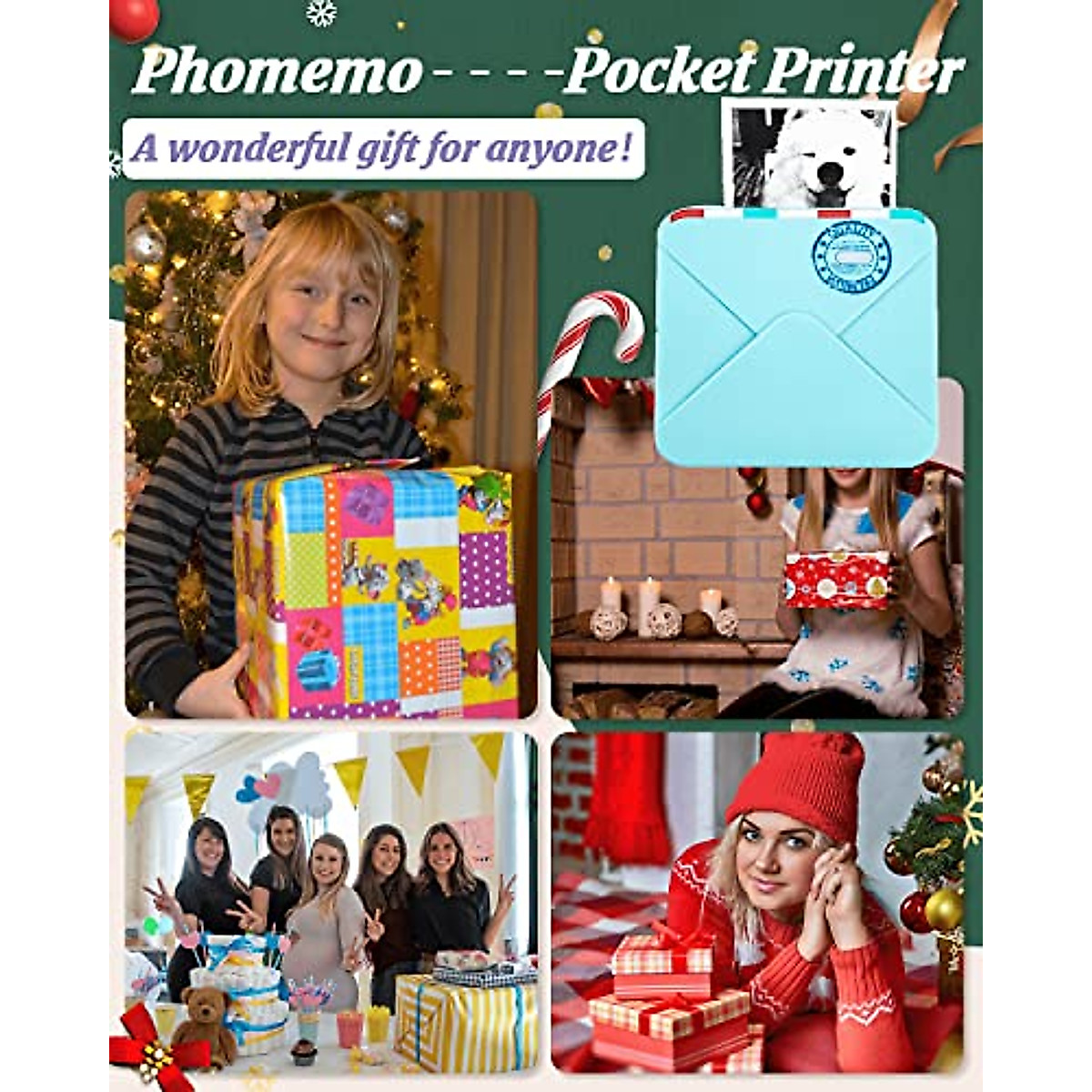 Phomemo M02S 300DPI Pocket Printer, Gift Box Set Include 6 Rolls Thermal Sticker Label Paper, Mini Bluetooth Smart Phone Printer Compatible with iOS & Android, Print for Work, Home, Study - Green
