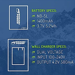 Wasabi Power Battery (2-Pack) and Charger for Canon NB-5L and Canon PowerShot S100, S110, SD700 IS, SD790 IS, SD800 IS, SD850 IS, SD870 IS, SD880 IS, SD890 IS, SD900 IS, SD950 IS, SD970 IS, SD990 IS, SX200 IS, SX210 IS, SX220 IS, SX230 HS