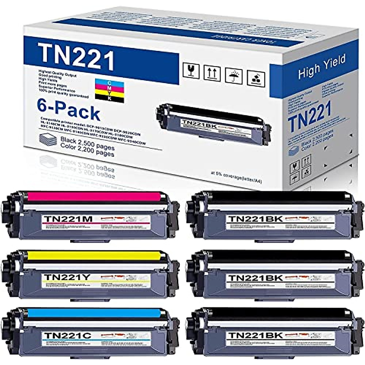6-Pack (3BK+1C+1M+1Y) TN221 TN-221 Toner Cartridge Compatible Replacement for Brother HL-3140CW HL-3180CDW HL-3170CDW MFC-9130CW MFC-9340CDW MFC-9330CDW Color Printer