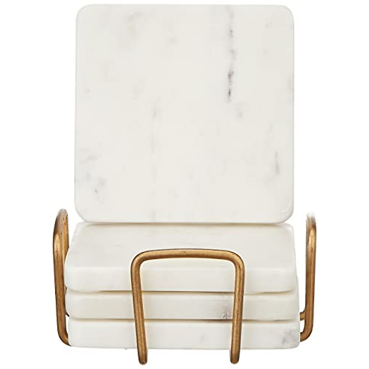 Queenza Marble Coasters with Holder, Set of 4 Gold Coasters for Drinks , 4 Inch Modern Coasters for Coffee Table - Natural White Coasters with Padded Bottom