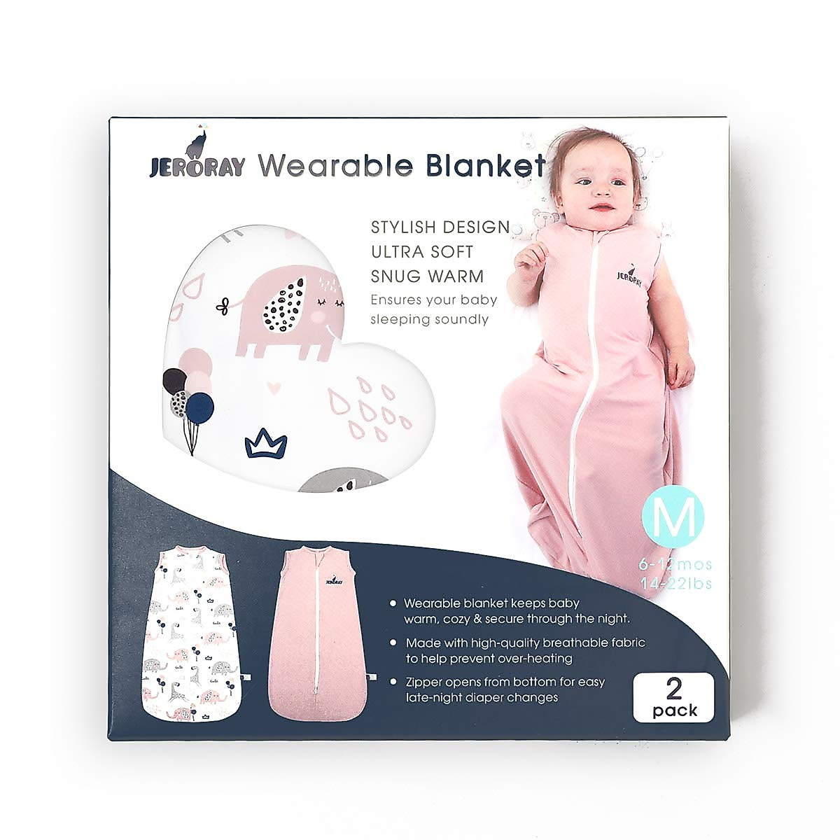 Jeroray Wearable Blanket-Stretchy Sleeping Bag,(12-18 Months) TOG 1.0,2-Pack,2 Way Zipper,Unisex,Elephant&Solid Dusty Rose,Large