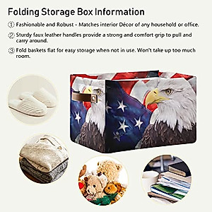 Foldable Storage Baskets,American Flag Eagle Storage Bins with Handles, Decorative Cloth Organizer Storage Boxes for Home|Office 15 x 11 x 9.5 in