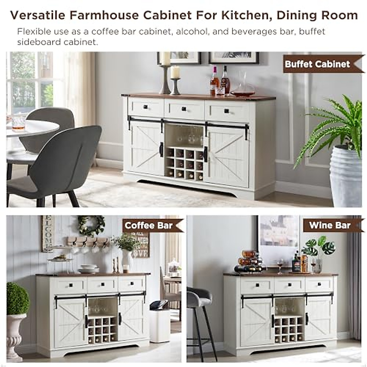 OKD Farmhouse Buffet Cabinet with Storage, 54" Sideboard with 3 Drawers, Sliding Barn Door, Wine and Glass Rack, Storage Shelves, Liquor Coffee Bar Cupboard for Kitchen, Dining Room, Antique White