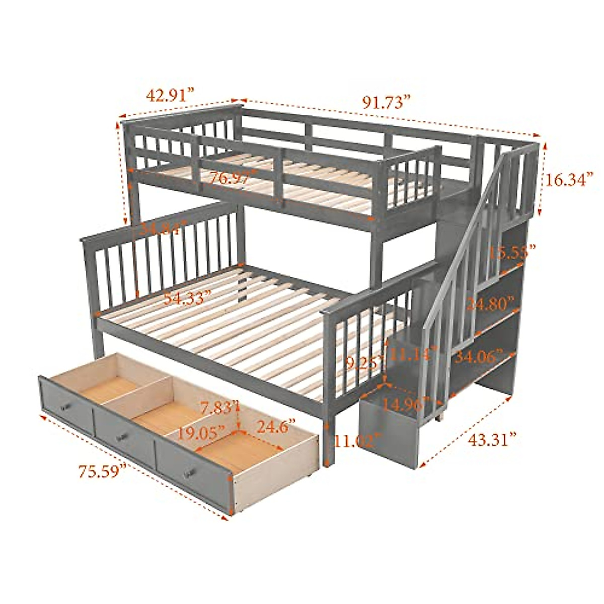 Harper & Bright Designs Twin Over Full Bunk Bed with Storage Drawer, Wood Bunk Beds with Stairway, Storage Shelf and Full-Length Guard Rail, Kids bunk Bed Twin Over Full, No Box Spring Needed (Gray)