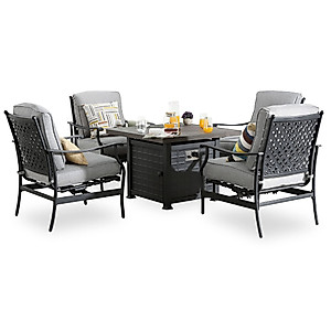 PatioFestival Patio Conversation Set Outdoor Furniture CSA Certification 50,000 BTU 33.9 Inch Propane Fire Pit Table Sets with Rocking Chairs Thick Cushions(5 Pcs,Grey)