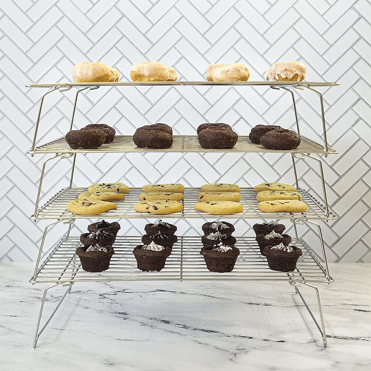 KITCHENATICS 4-Tier Stackable Cooling Racks for Baking, 100% Stainless Steel Wire Rack, Oven Safe Baking Rack, Oven Rack for Pizza, Cake, Bread, Cooling Rack for Cooking and Baking, Cookie Rack 15x10