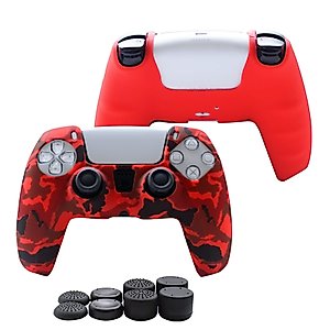 PS5 Controller Skin,Hikfly Silicone Cover for PS5 Controller Grips,Non-Slip Cover for PlayStation 5 Controller- 1 x Skin with 8 x Thumb Grip Caps(Red)