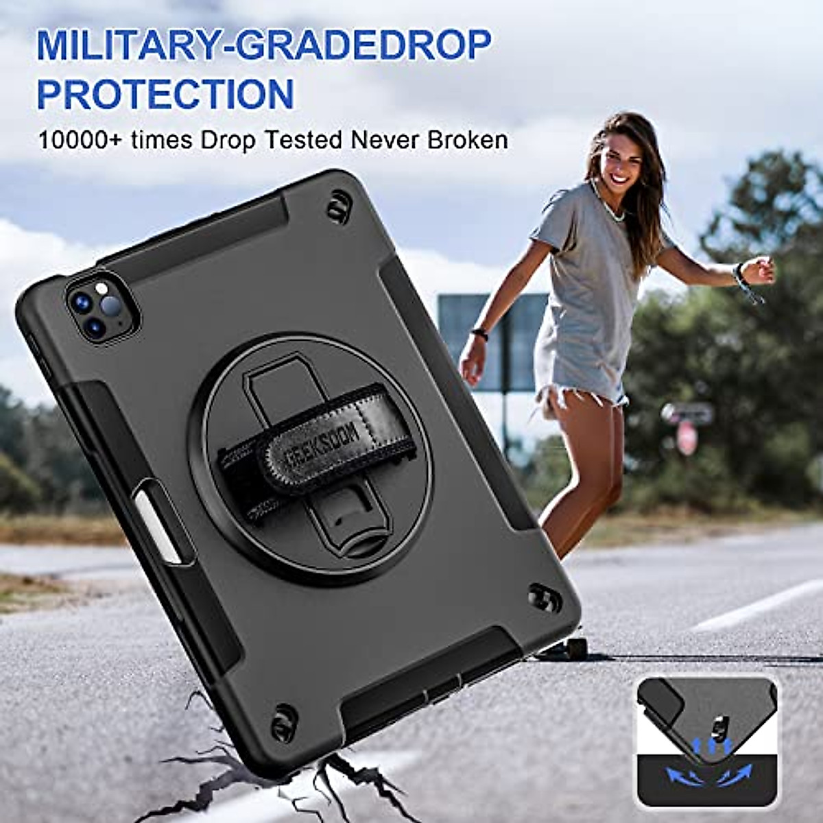 GEEKSDOM iPad Pro 12.9 Case: Military Grade Heavy Duty Shockproof iPad Pro 12.9 case 6th Generation 2022/5th Gen 2021-Pencil Holder-Hand/Shoulder Strap-Rotating Stand-Black
