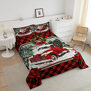 Homewish Christmas Truck Comforter Set Queen Size Kids Girls Boys Red Plaid Decor Pine Tree Bedding Set 3pcs Winter Snow View Quilt Set Happy New Year Gifts Duvet Insert with 2 Pillowcases
