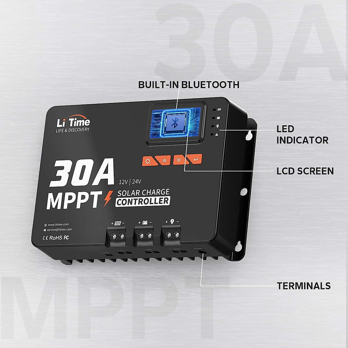 LiTime 30 Amp MPPT 12V/24V/Auto DC Input Solar Charge Controller Build-in Bluetooth Module, Parameter Adjustable LCD Display LED Indicators Solar Panel