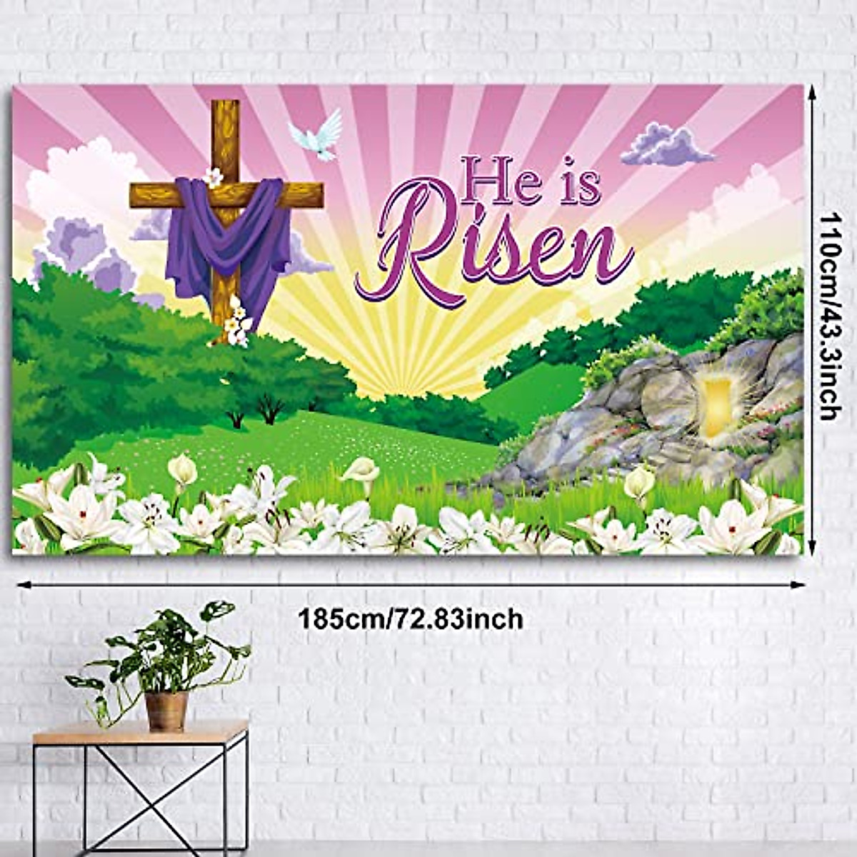 Happy Easter Day Decorations He Is Risen Backdrop Photography Banner, Large Fabric Easter Cross Religious Backdrop Background for Jesus Easter Spring Party Decorations, 72.8 x 43.3 Inch