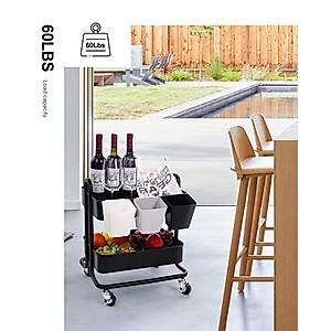2-Tier Rolling Cart with Wheels, G-Hemobel Metal Utility Cart with 3 Hanging Cups and 2 Lockable Wheels, Organizer Cart with Multi-Functional Storage, Black
