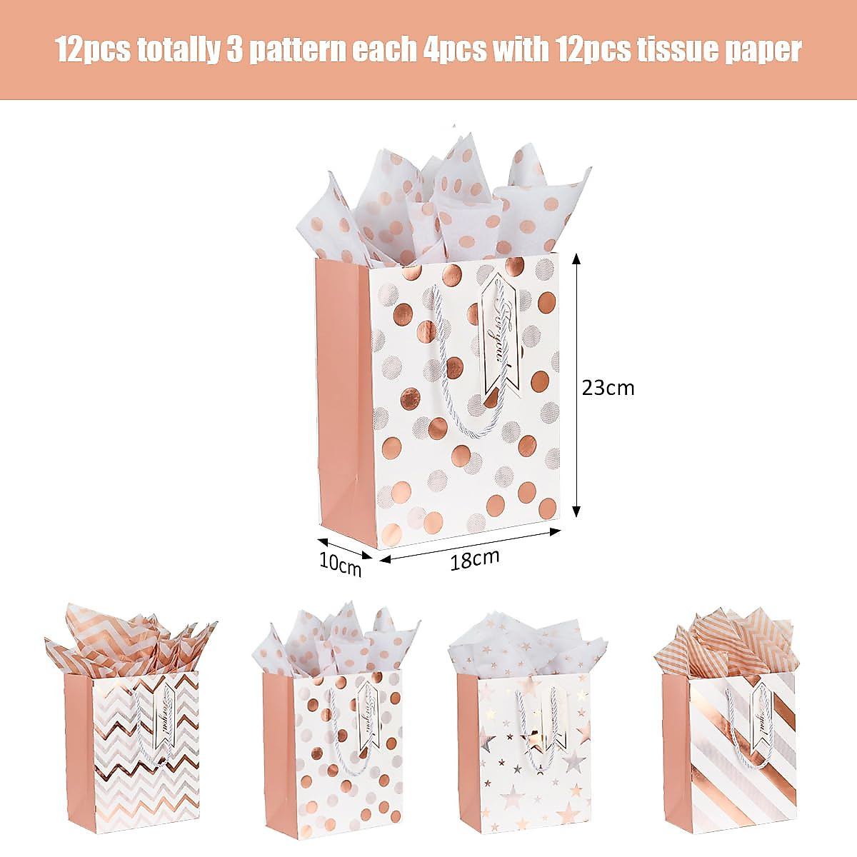 Dimetey 12pcs 9" Gift Bags, Medium Size Paper Bags with Tissue Paper, White Gold Wrap Paper Gift Bags with Handles for Shopping Party Wedding Baby Shower Holiday Presents (Rose Gold)