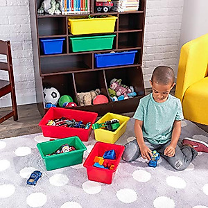 KidKraft Wooden Wall Storage Unit with 8 Plastic Bins and 13 Compartments, Espresso, Gift for Ages 3+