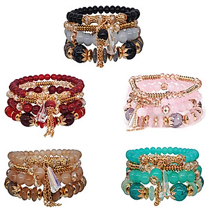 NSLS 5 Sets Boho Bracelets Bangle Pulsera for Women Multilayer Stackable Sparkly Crystal Beaded Stretch Aesthetic Brazalete(C)