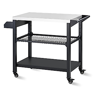 Polar Aurora Three-Shelf Movable Outdoor Grill Cart Pizza Oven Stand, Multifunctional Kitchen Food Prep Table with Drawer, Stainless Steel Desktop Dining Worktable on 4 Wheels & Seasoning Tray