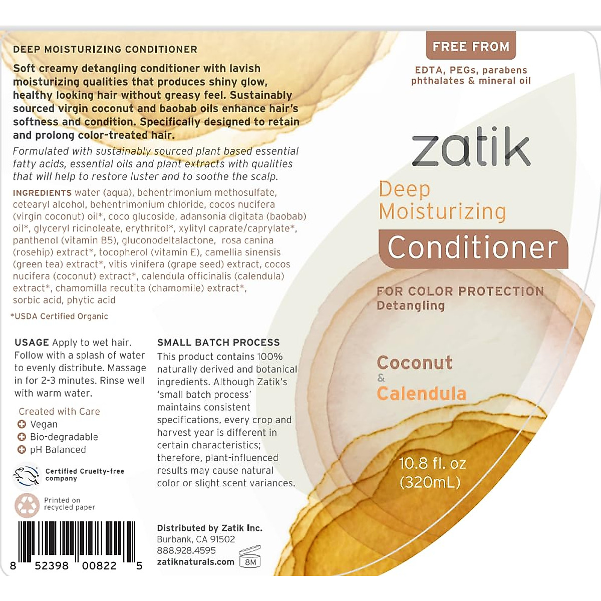 Zatik Naturals - Deep Moisturizing Conditioner - Coconut & Calendula, for Colored, Dry damaged Hair, Bio-degradable, pH Balanced, Vegan, FREE FROM EDTA, PEG, Parabens, fragrances, 10.8 fl oz, 320ml
