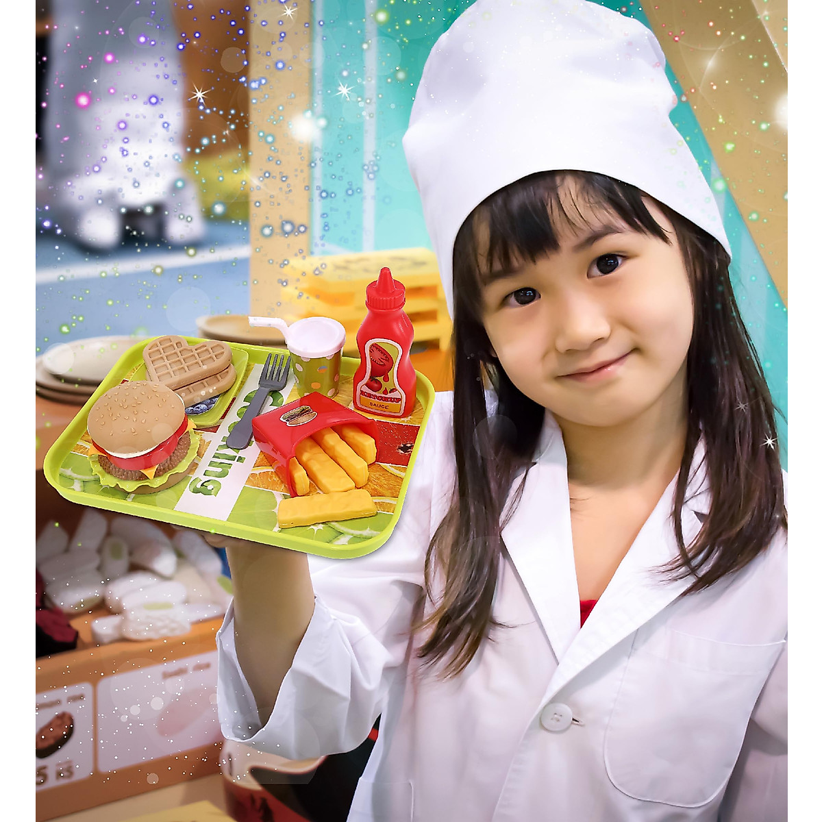 Mozlly Kitchen Food Playset - Cute Fast Food Playset with Trays, Plates, Fork, Soda Cup - Deluxe Fast Food Toy Set for Kids for Pretend Play Snack Parties, and Birthday Surprise Gift Play Food Set