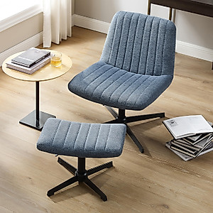 Art Leon Desk Chair No Wheels - with Ottoman and Lumbar Pillow, Armless Office Chair No Wheels, Criss Cross Chair, Modern Swivel Height Adjustable Wide Seat Computer Task Vanity Chair, Indigo Linen