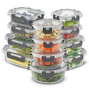 JoyJolt 24pc Fluted Glass Storage Containers with Lids. 12 Airtight, Freezer Safe Food Storage Containers, Pantry Kitchen Storage Containers, Glass Meal Prep Containers for Lunch