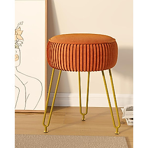 IBUYKE Velvet Round Footrest Stool Ottoman, Makeup Vanity Stool Side Table, Velvet Dressing Table Seat, Pouf Couch Stool, Golden Steel Legs, Orange LG-30J