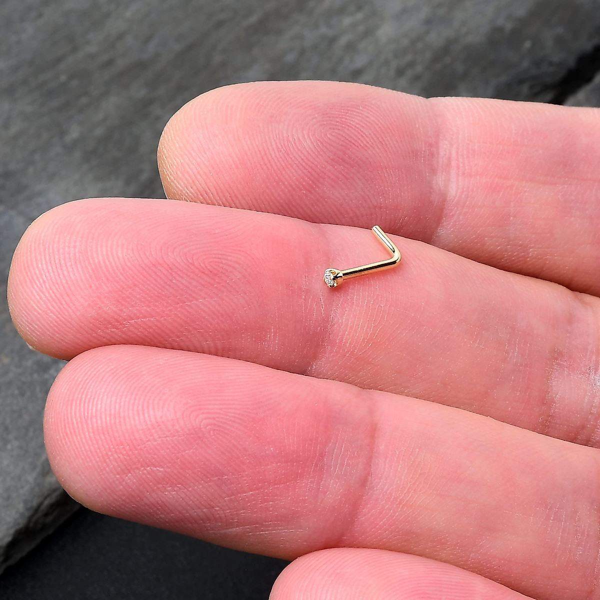 Body Candy Solid 14k Yellow Gold 1.5mm (0.015 cttw) Genuine Diamond L Shaped Nose Stud Ring 18 Gauge 1/4"