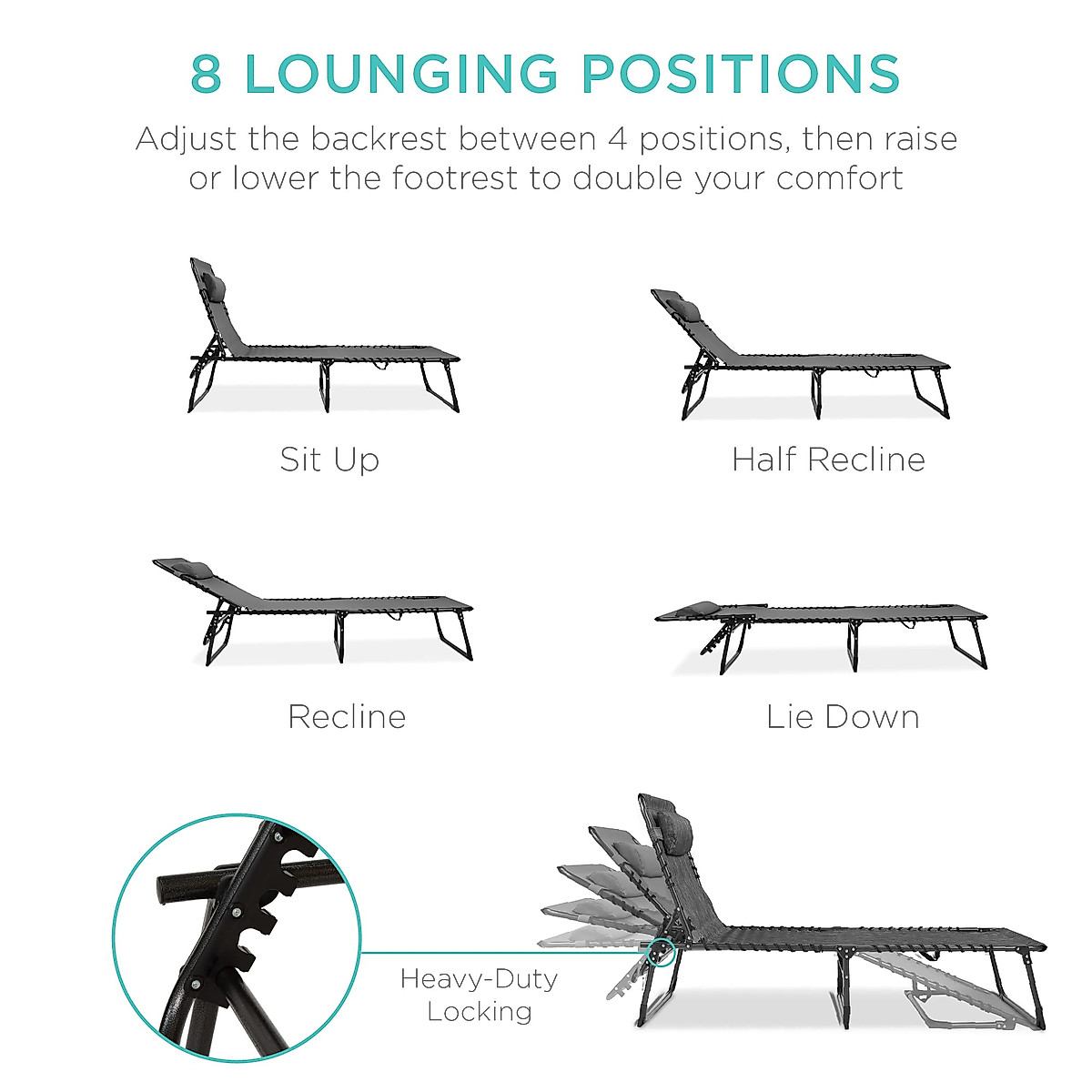 Best Choice Products Patio Chaise Lounge Chair, Outdoor Portable Folding in-Pool Recliner for Lawn, Backyard, Beach w/ 8 Adjustable Positions, Carrying Handles, 300lb Weight Capacity - Gray