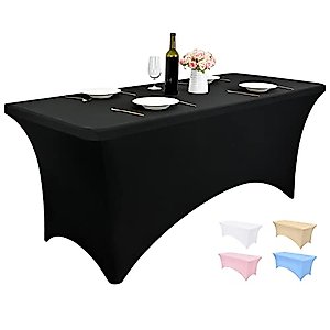 Yastouay 8ft Stretch Table Cloth Spandex Table Cover Tight Fitted for 8ft Rectangular Tables Black Washable Tablecloths for Party, Wedding, Banquet, Outdoor (Black, 8 Ft)