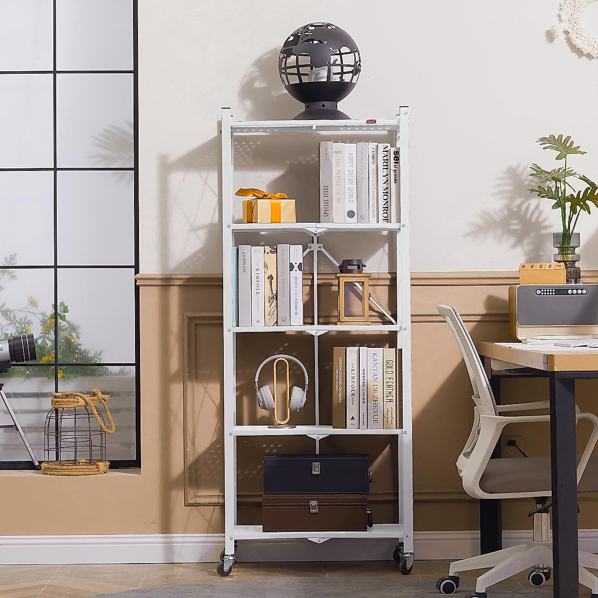 DEANIC 5-Shelf Folding Bookcase with Wheels, Heavy Duty Storage Shelves, Freestanding Metal Wire Shelving Unit for Living Room, Office, Kitchen, Basement, Pantry (White)