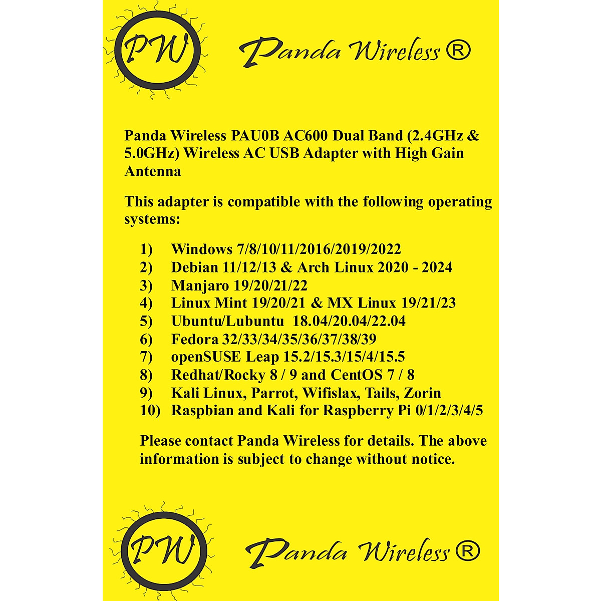 Panda Wireless® PAU0B AC600 Dual Band (2.4GHz and 5GHz) Wireless N USB Adapter W/High Gain Antenna - Windows 7/8/8.1/10/11, Zorin, Mint, Ubuntu, openSUSE, Fedora, Kali Linux and Raspbian