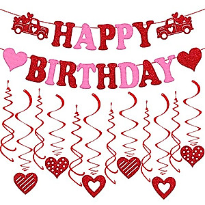 Valentine's Day Birthday Decorations Set Happy Birthday Banner with Heart Hanging Swirls for Romantic Happy Valentine’s Day Theme Birthday Party Supplies