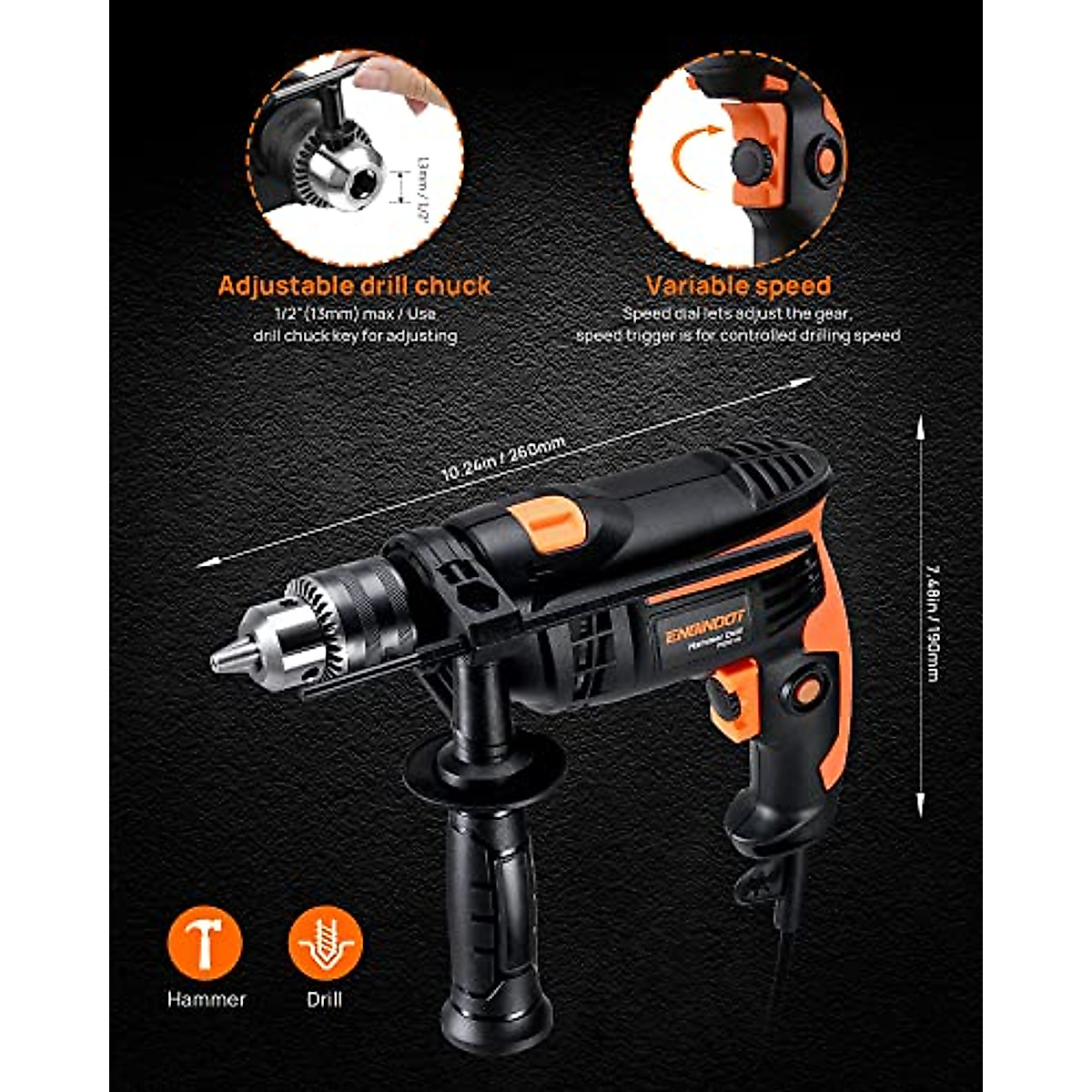 ENGiNDOT Hammer Drill, 1/2-Inch 6-AMP Corded Electric Hammer Drill with 2800RPM, Variable Speed, Drill Chuck, 10 Drill Bits for Home Improvement, Concrete, Steel, Wood (NOT for Reinforced Concrete)