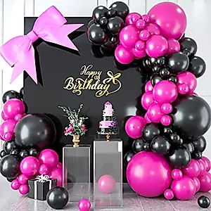 Hot Pink and Black Balloon Arch Kit, Hot Pink Black Balloon Garland Kit, Rose Red Black Latex Balloons Different Sizes for Women's Birthday Decorations Wedding Baby Shower Engagement Party Supplies