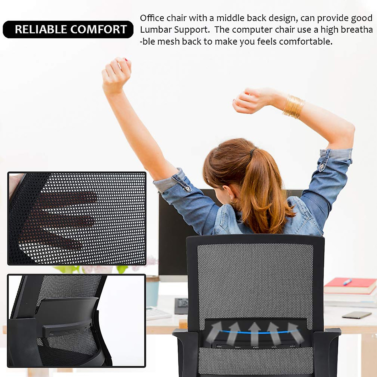 PayLessHere Ergonomic Desk Swivel Rolling Computer Executive Lumbar Support Task Mesh Chair Adjustable Stool for Women&Men, Black